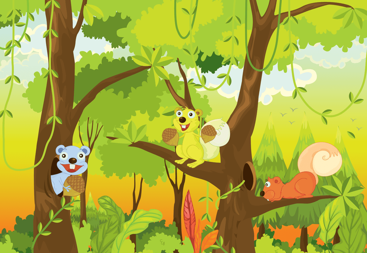 four scenes of the jungle featuring playful animals enjoying their ...