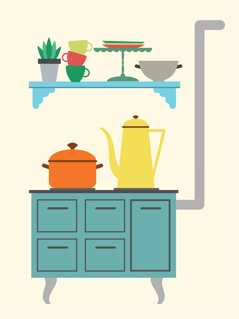 simple retro kitchen illustration with colorful utensils and charming ...