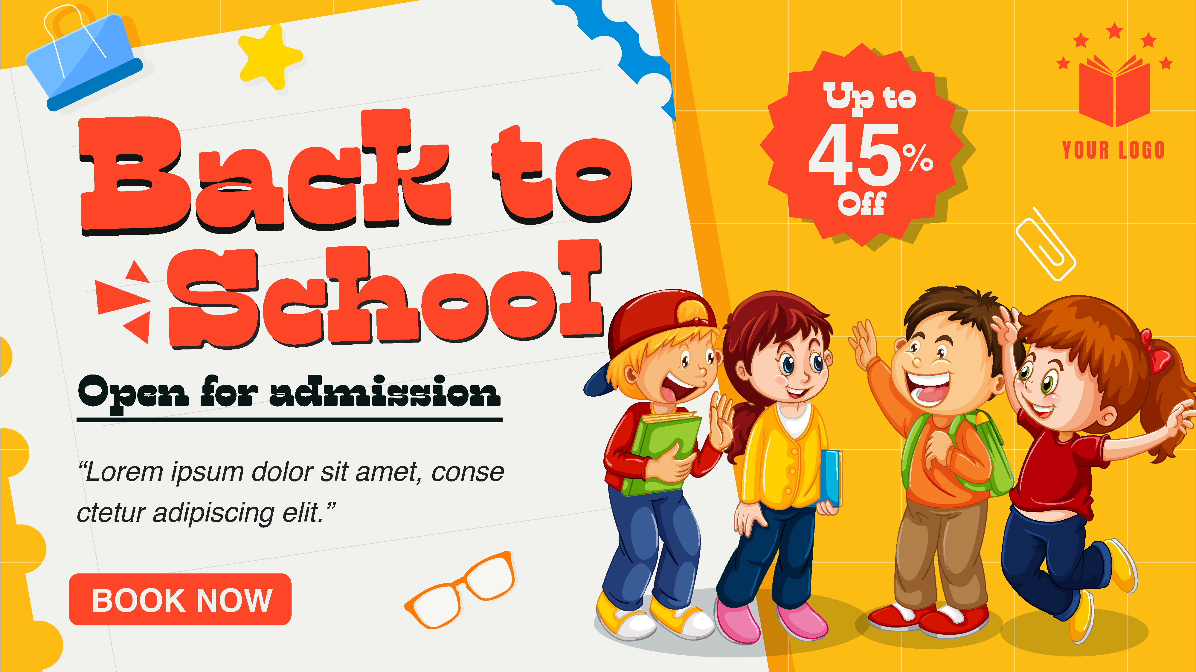 playful back to school banner with happy students