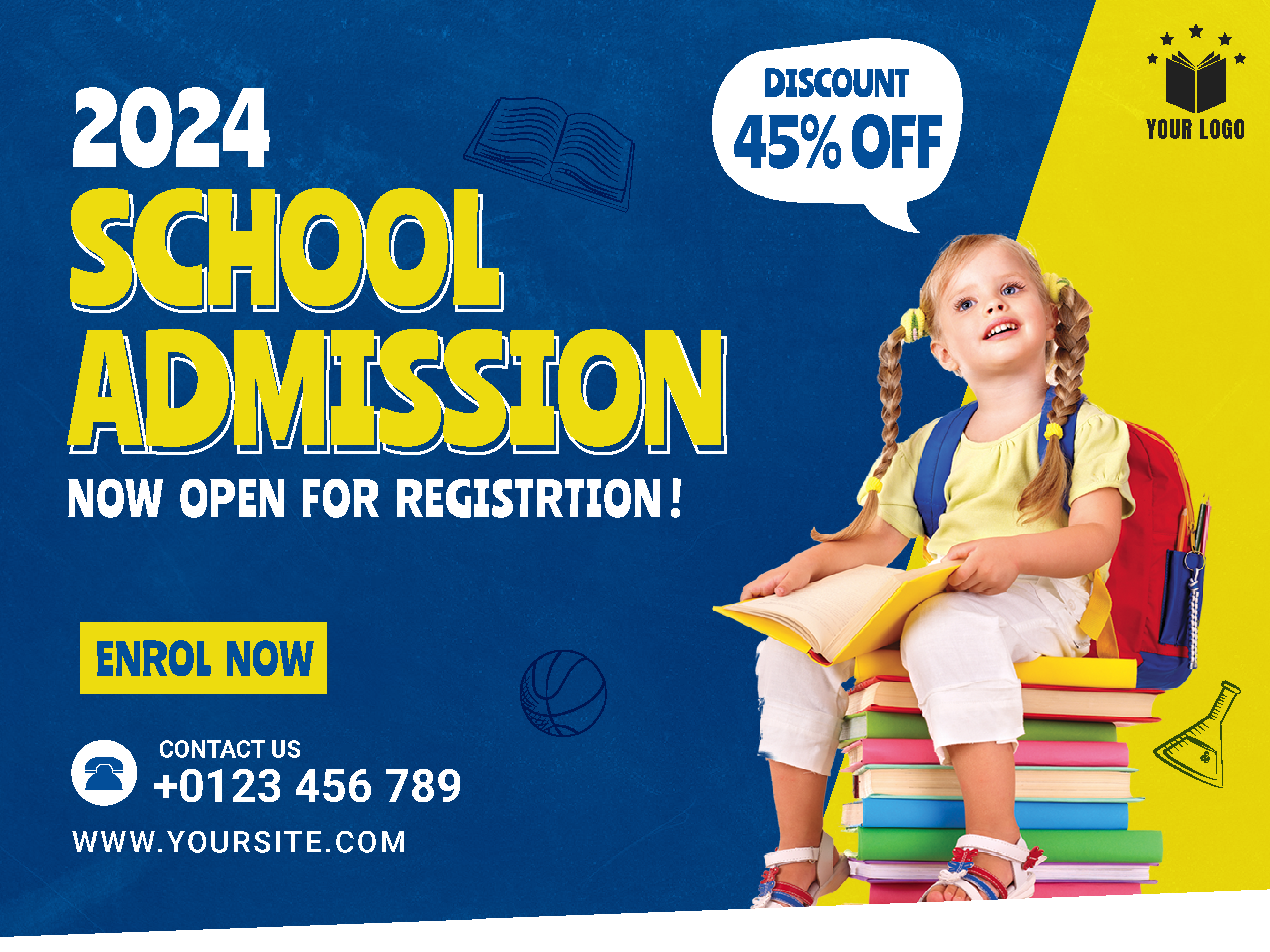 playful school admission 2024 banner with discount offer