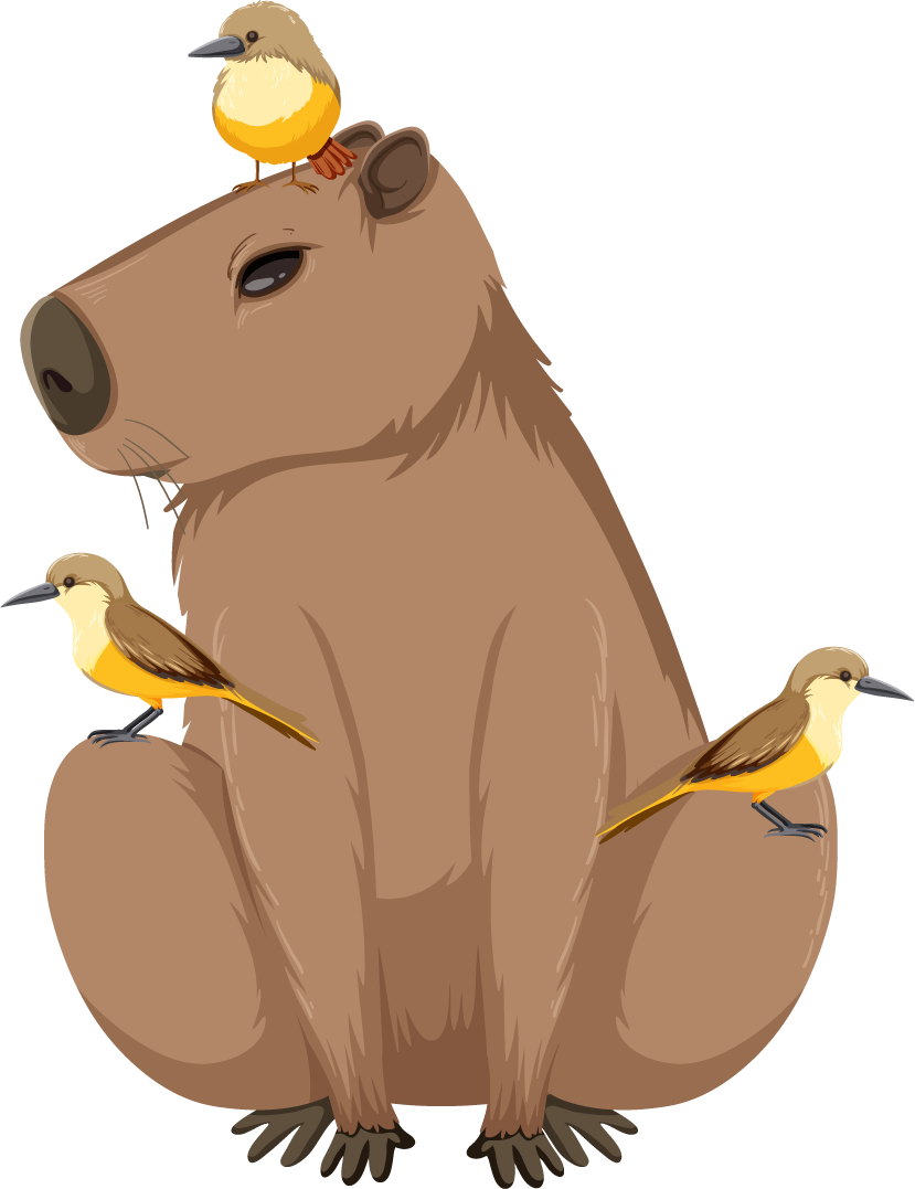different capybara in cartoon style with cheerful birds perched on its ...